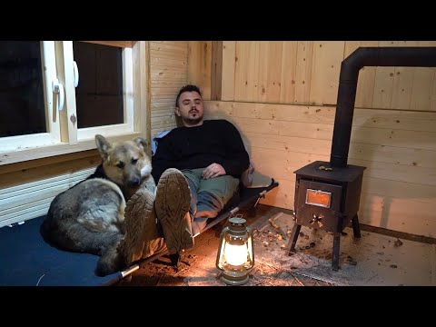 Cozy Rainy Night in My Wooden Cabin with My Dog | Wood Stove & Nature Sounds
