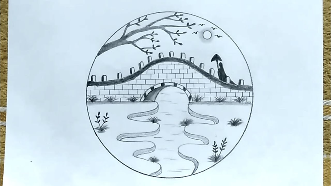 Bridge Drawing Easy | How to draw Beautiful Scenery Bridge with girl in ...