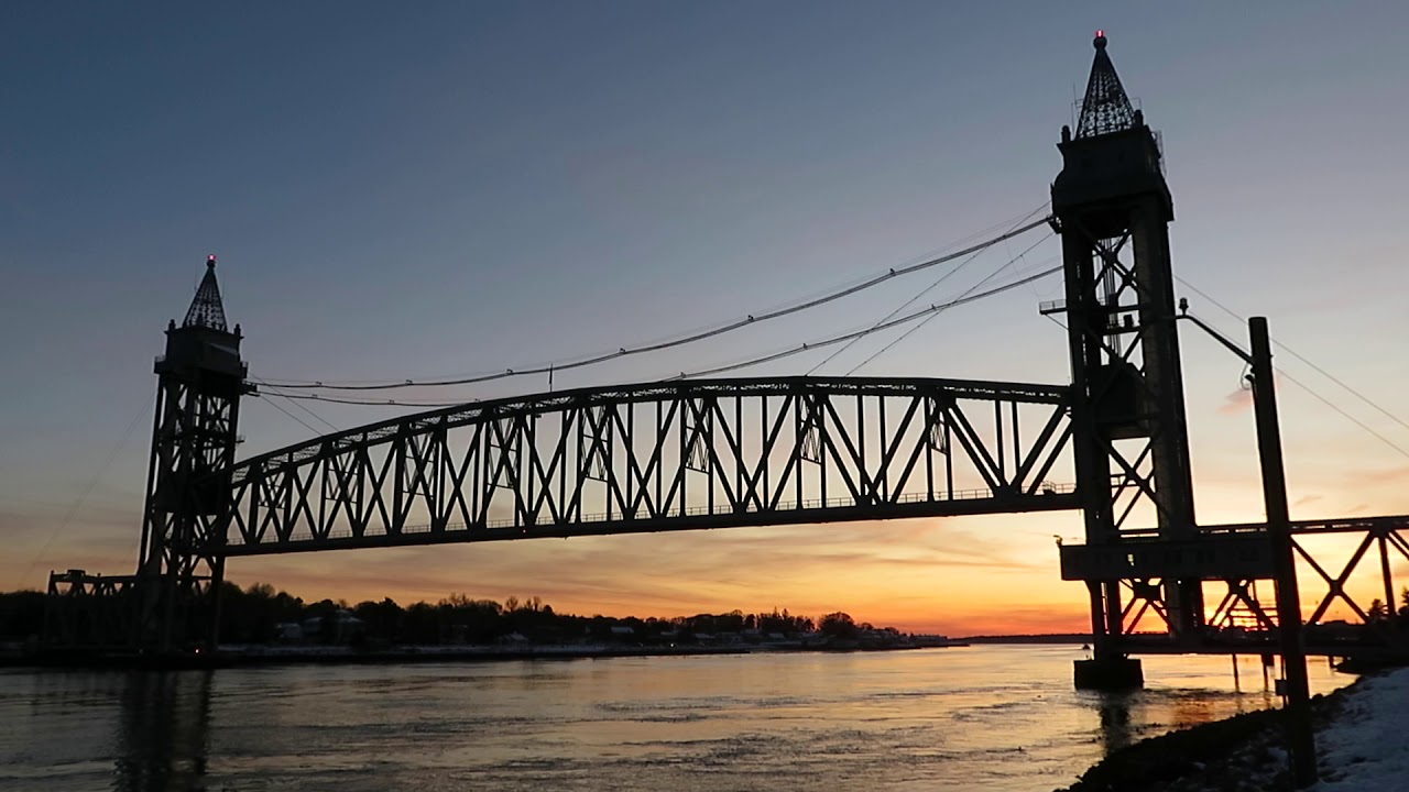 Railroad bridge going down at the Cape Cod Canal at sunset. - YouTube