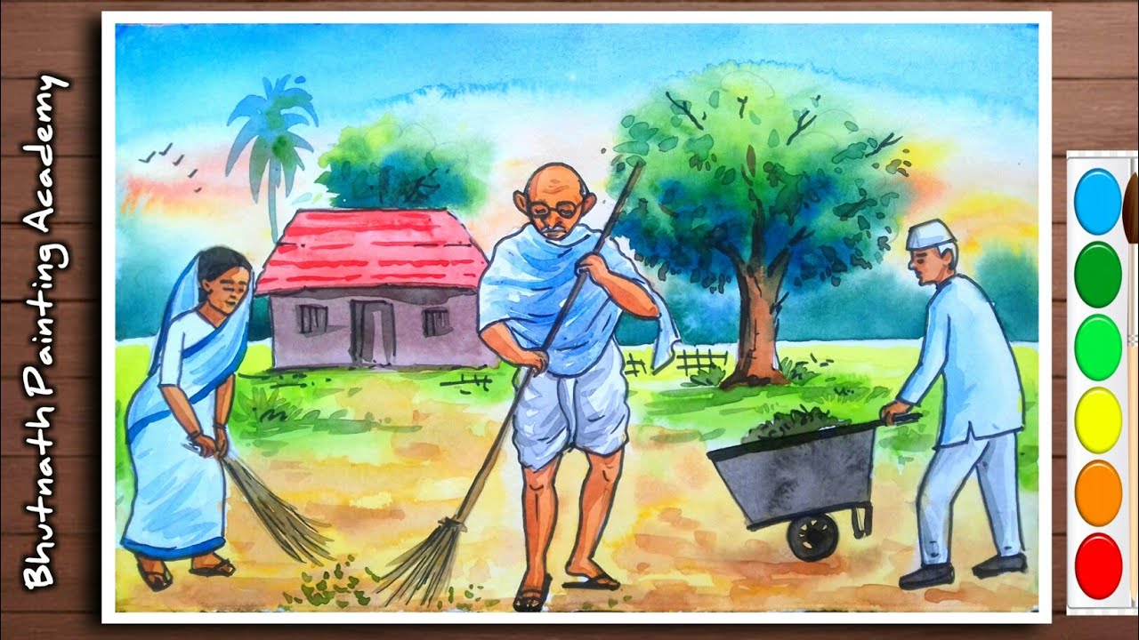 Gandhiji swachh bharat drawing with water color - YouTube