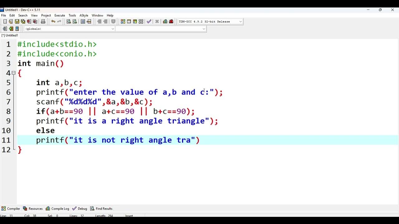 Writing a program to find given triangle is right angle triangle using C programming language ...