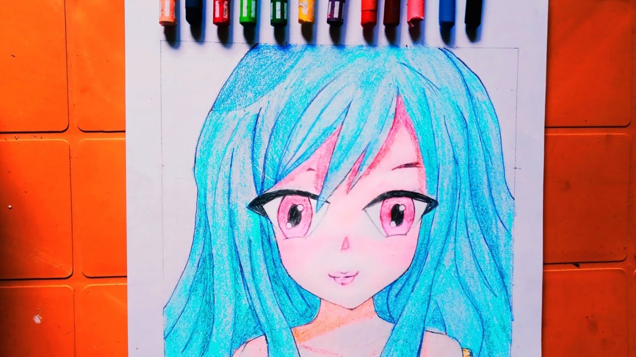 Cute Anime girl drawing(by using crayon) - YouTube