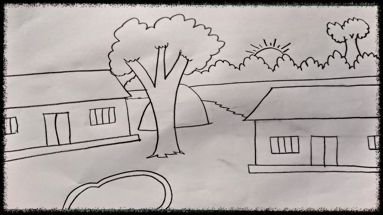 Easy Drawing Scenery | Village Scenery Drawing | Drawing For Beginners ...