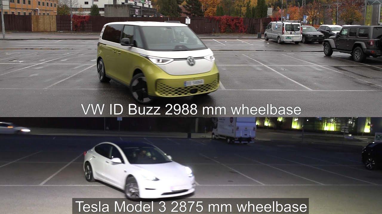 VW ID Buzz vs Tesla Model 3 & Mercedes EQS turning circle test - YouTube