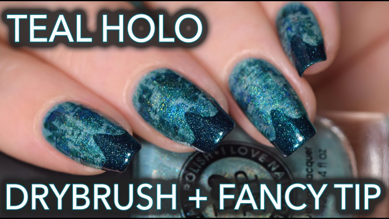 Teal holo drybrush nail art with fancy chevron tip - easy nail art ...