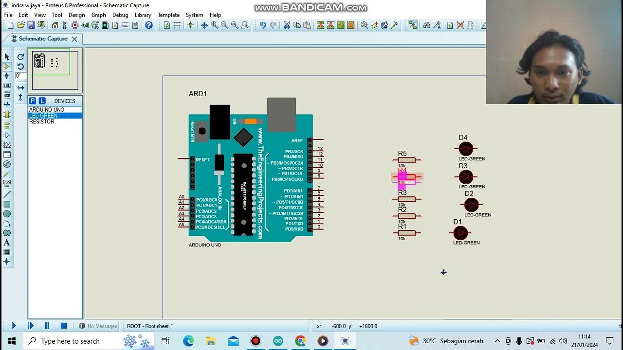 cara membuat rangkaian flip flop 5 resistor dan 5 led green menggunakan proteus dan arduino ...