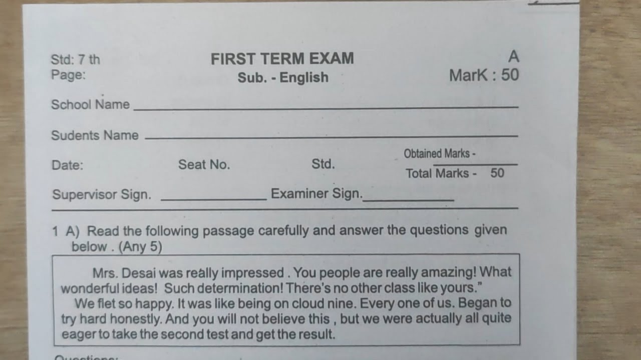 class 7th First Term English paper - YouTube