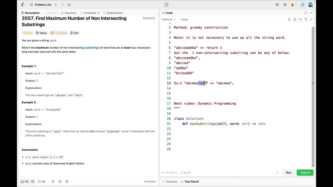 leetcode 3557 Find Maximum Number of Non Intersecting Substrings | Greedy Construction - YouTube