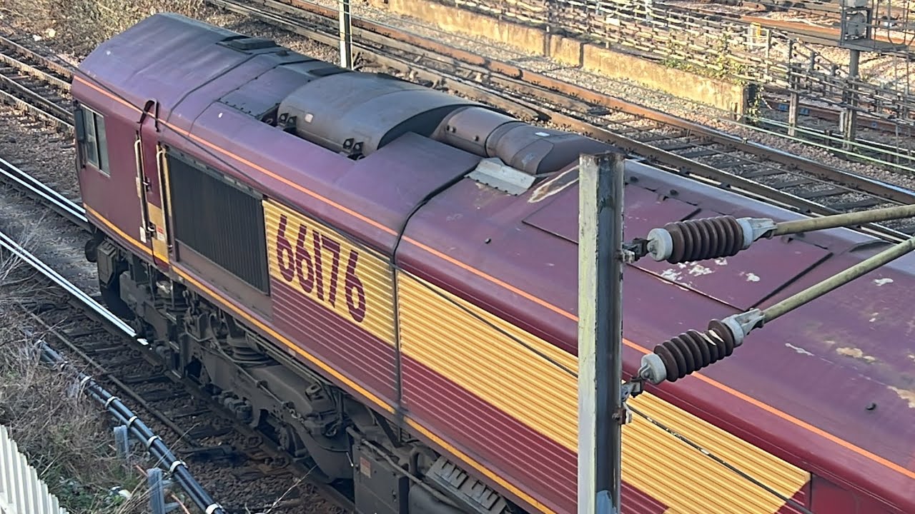 Class 66 freight train in ex EWS livery at Barking - YouTube