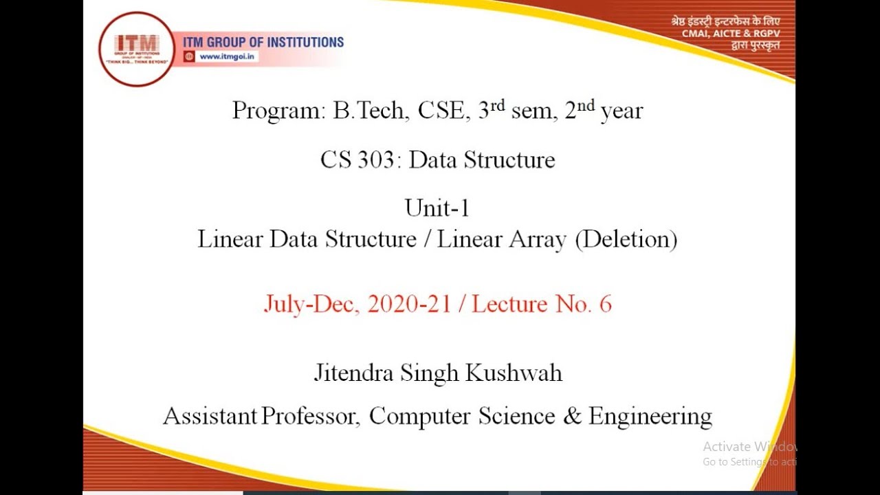 CS-303 : DATA STRUCTURE, LINEAR ARRAY (DELETION), B TECH, CS, III ...
