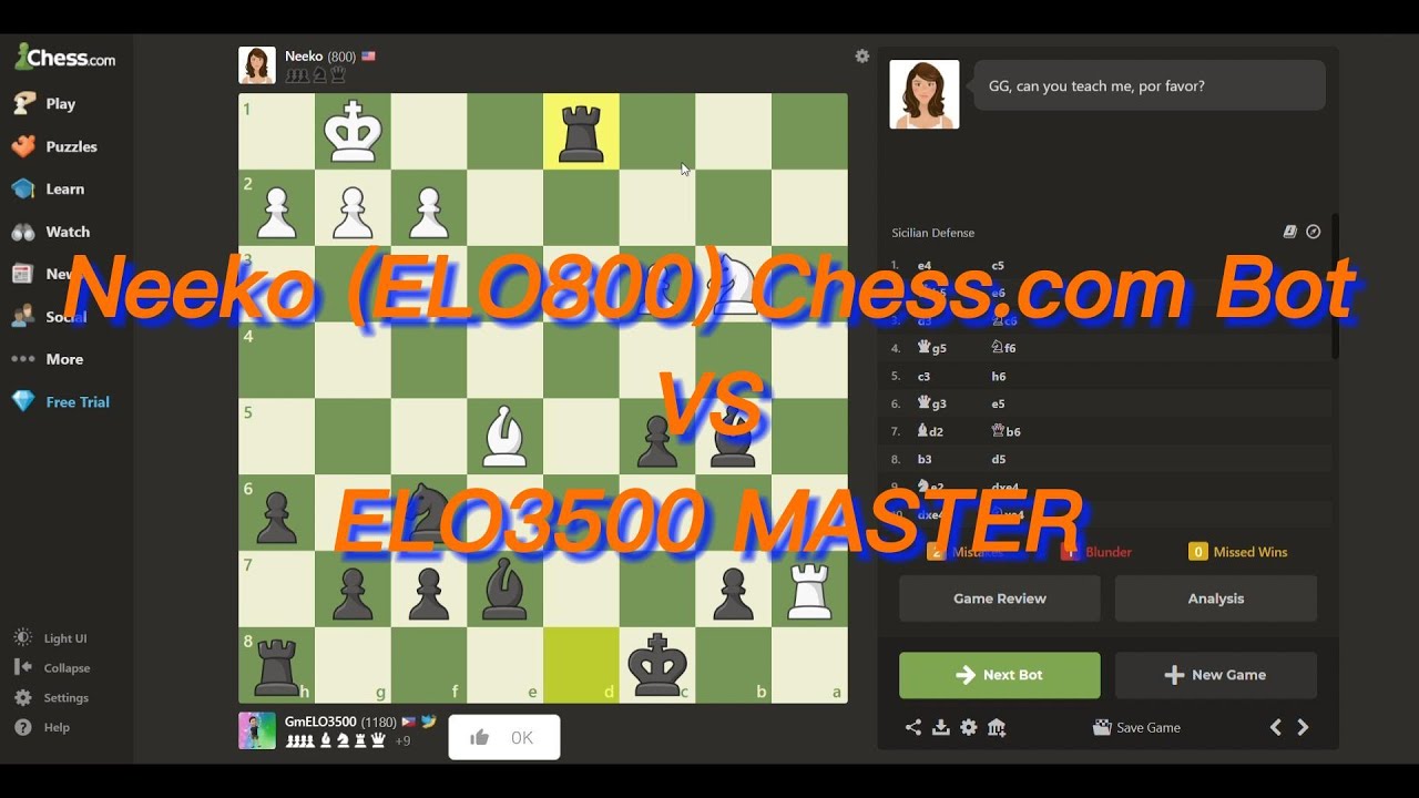 Neeko (ELO800) Chess.com Bot Versus ELO3500 Master - YouTube