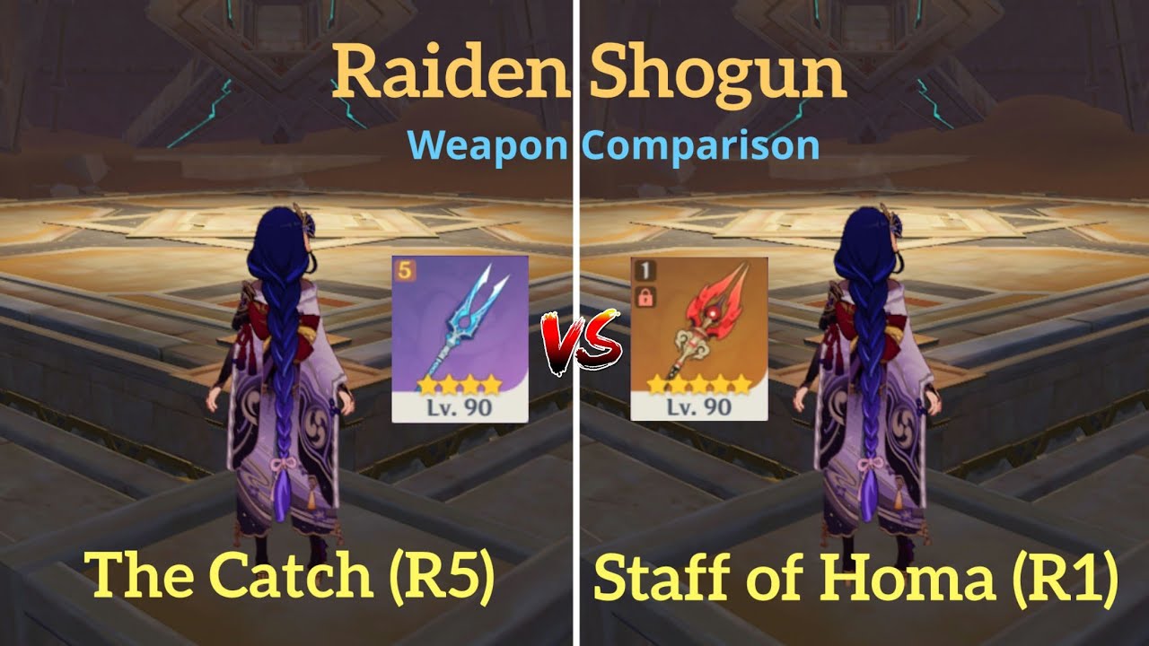Raiden Shogun's Weapon Comparison | The Catch(R5) vs Staff of Homa(R1 ...