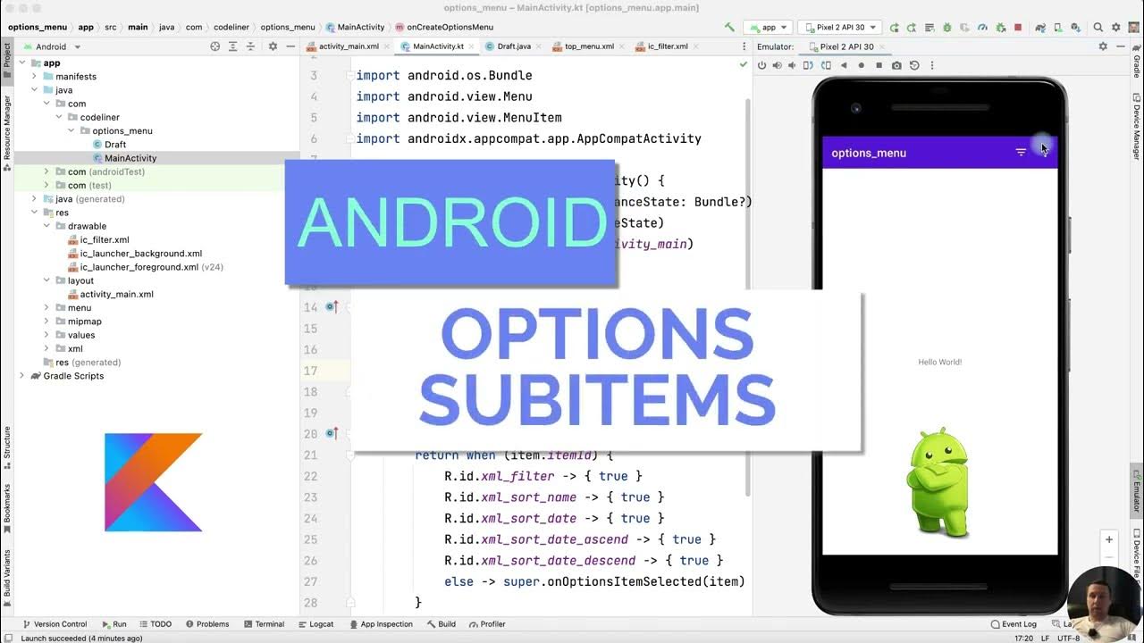 Learn Options Menu with Sub Items | Android Studio Tutorial - YouTube