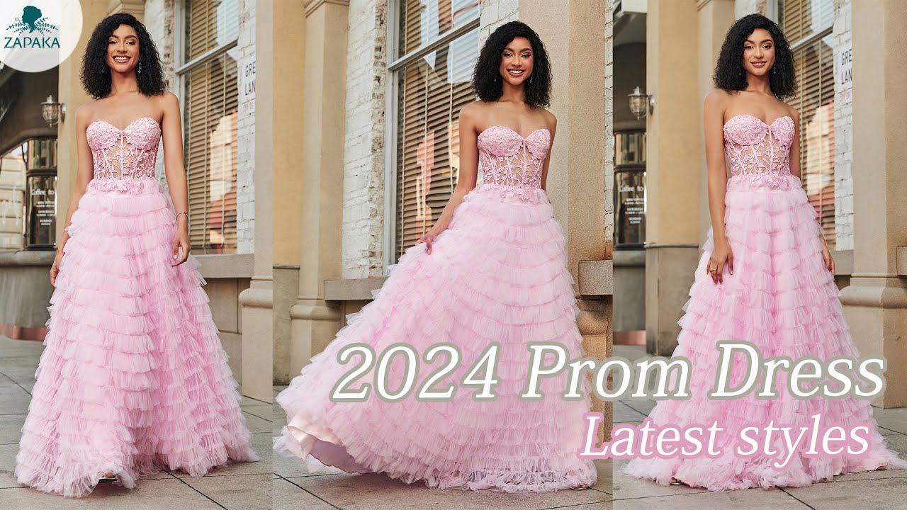 Zapaka Women Pink A-Line Strapless Tiered Long Corset Prom Dress - YouTube