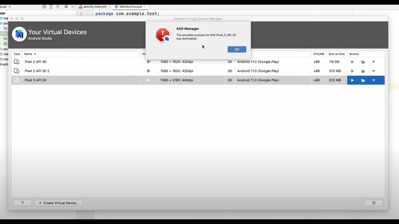 The Emulator process for AVD was killed Android Studio on MacOS - YouTube