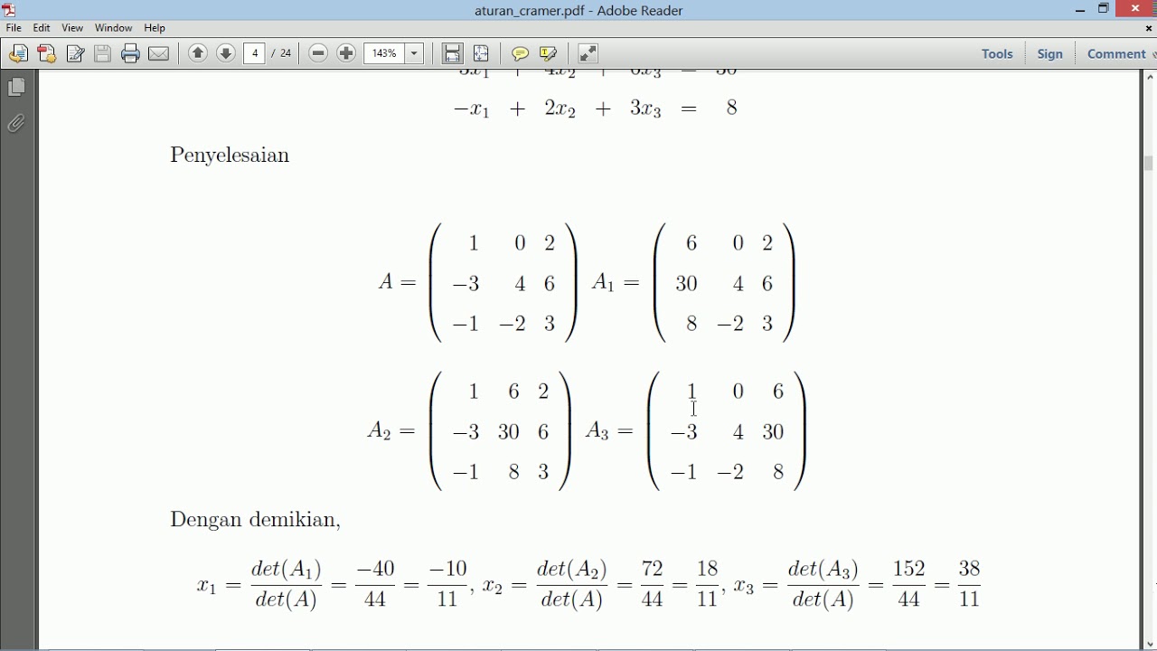 Penerapan Metode SPL Determinan Matriks aturan Cramer Menggunakan ...