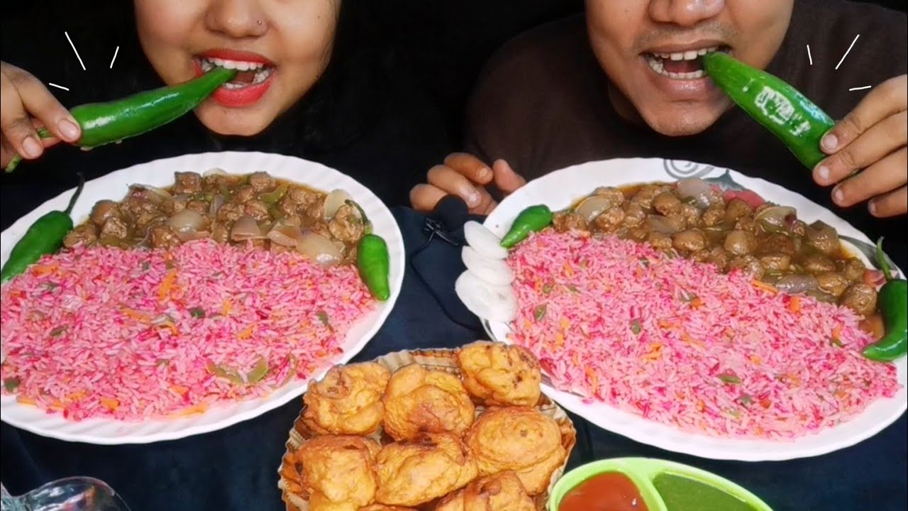 🤤ASMR eating Schezwan fried rice, soya chilli, gobi pakoda and green ...