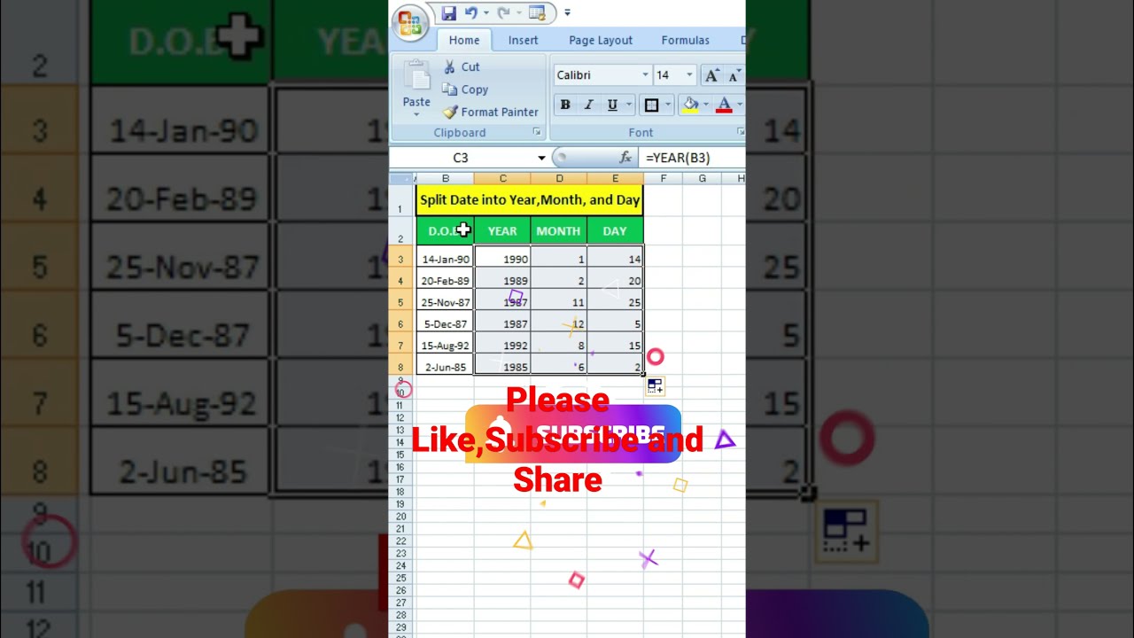 Split Date Into Year month And Day In Excel shorts youtubeshorts Split Date Into Year month And Day In Excel shorts youtubeshorts