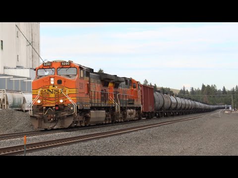 BNSF 5290 Leads a Tanker Train with BNSF 5441 Frankenstein H1 Trailing at Cheney, WA (Lakeside ...