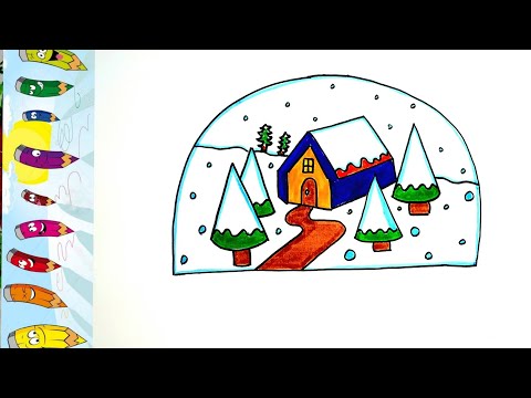 Manzara Resmi Nasıl Çizilir? - Kolay Manzara Çizimi-Kış Resmi-How to Draw Easy Winter & View Picture