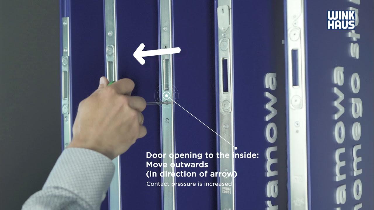Contact pressure adjustment for doors with Winkhaus hook locking systems via locking keeps (UMV ...
