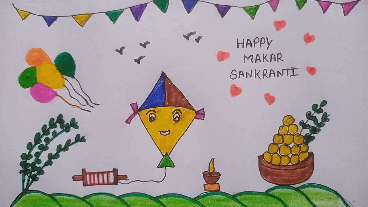 How to draw makar Sankranti drawing/makar sankranti poster drawing easy ...