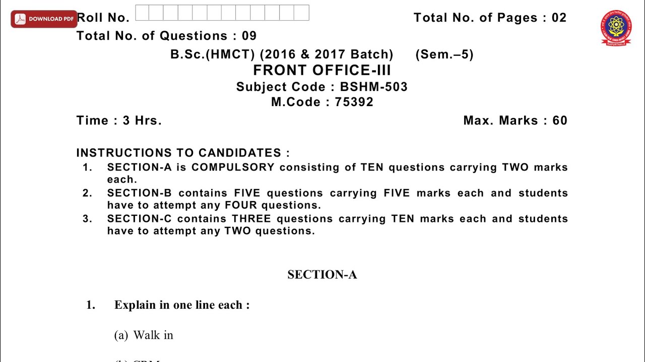 BSC 5TH SEM HMCT FRONT OFFICE 3RD NOV 2019 | PTU - YouTube