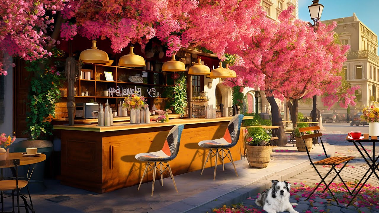 Springtime Street & Calm Spring Jazz Music at Outdoor Coffee Shop ...
