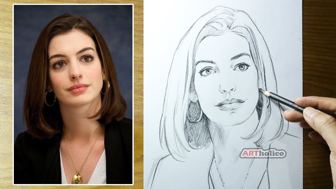 How to Drawing Face Sketching Tutorial Anne Hathaway - YouTube