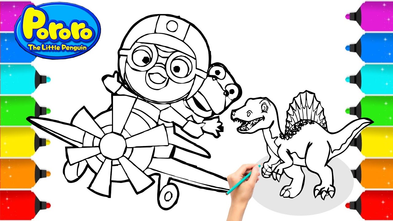 Coloring Pororo the little penguin, Pororo boarding a plane with Crong ...