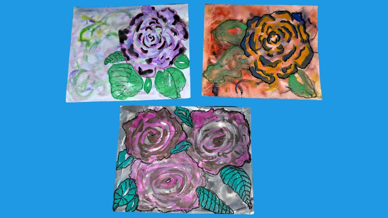 Whimsical roses on an abstract background painted using gouache paint ...