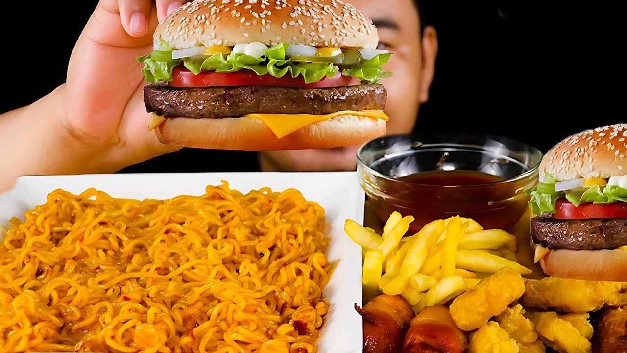 MUKBANG EATING Burger Noodle Chicken Fried Potatoes - YouTube