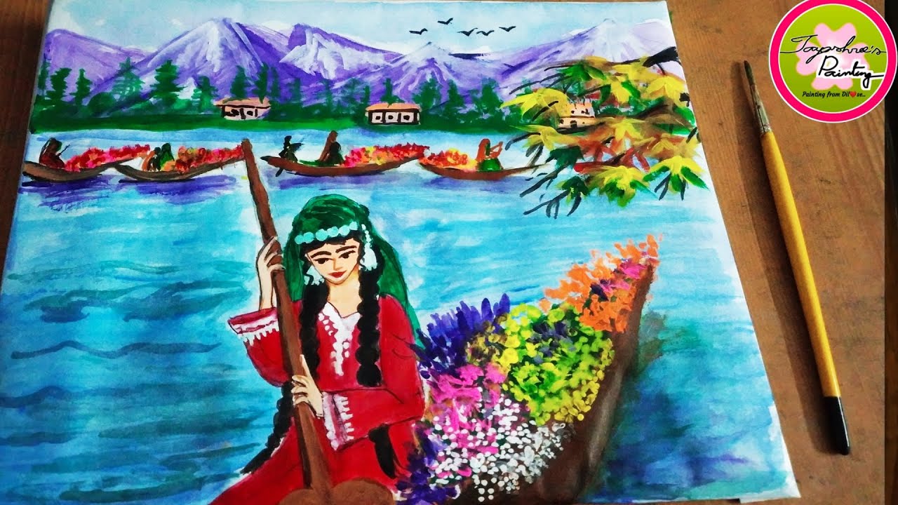 Kashmir Landscape painting/Beautiful Kashmiri girls sell flowers in dal ...