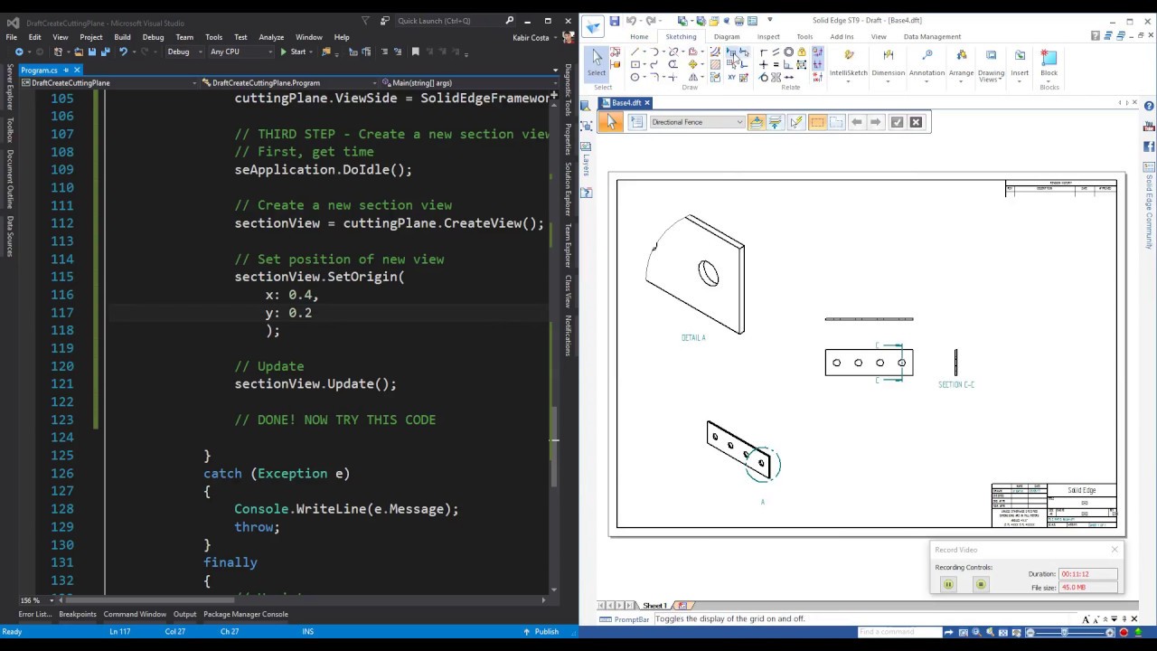 Solid Edge Macro Tutorial with C# - 42 -Draft - Create a Cutting Plane and Section View - YouTube