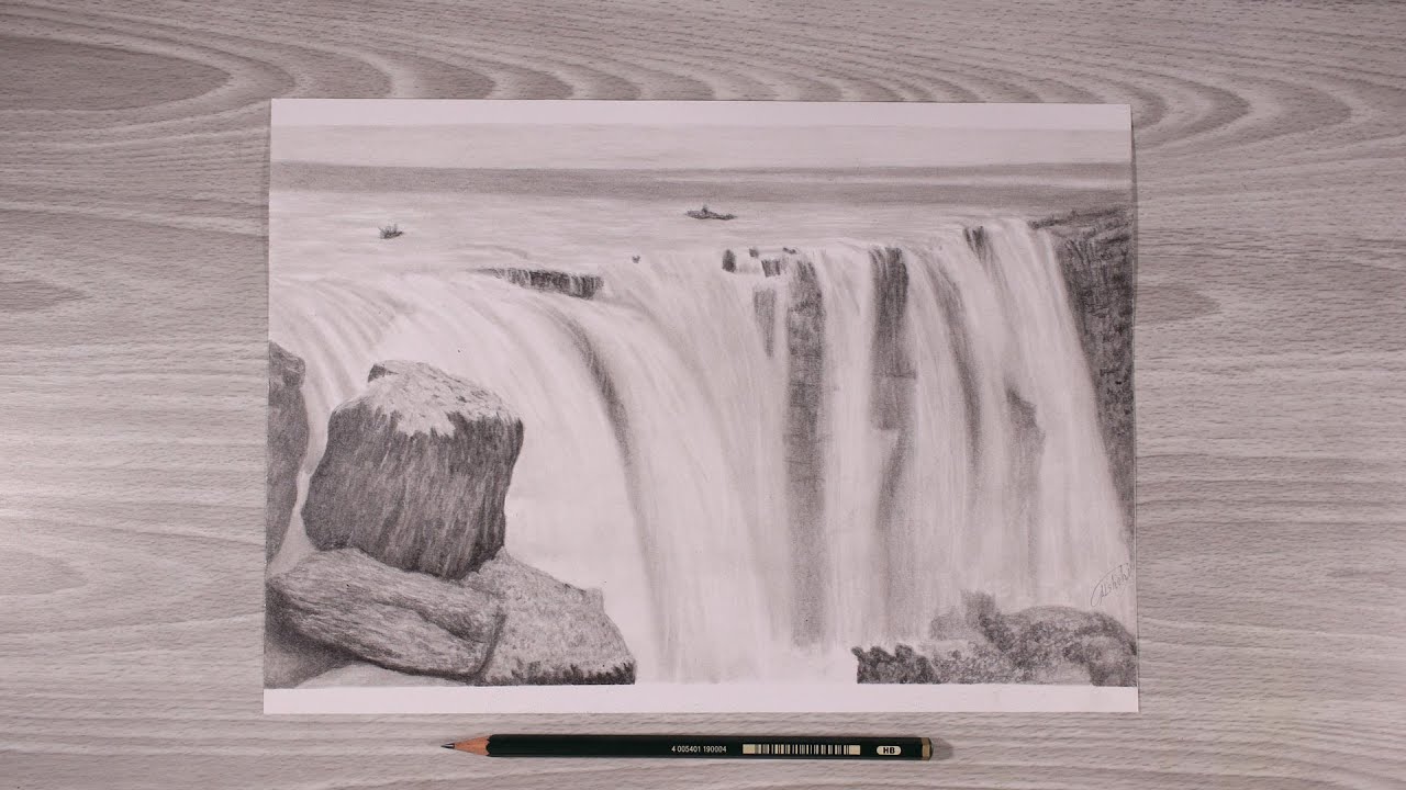 How to Draw Waterfalls with Pencils || Drawing Rocks - Speed Drawing ...