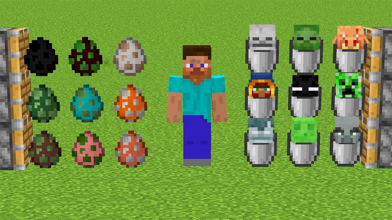 x1000 minecraft eggs and STEVE and all mob buckets combined - YouTube