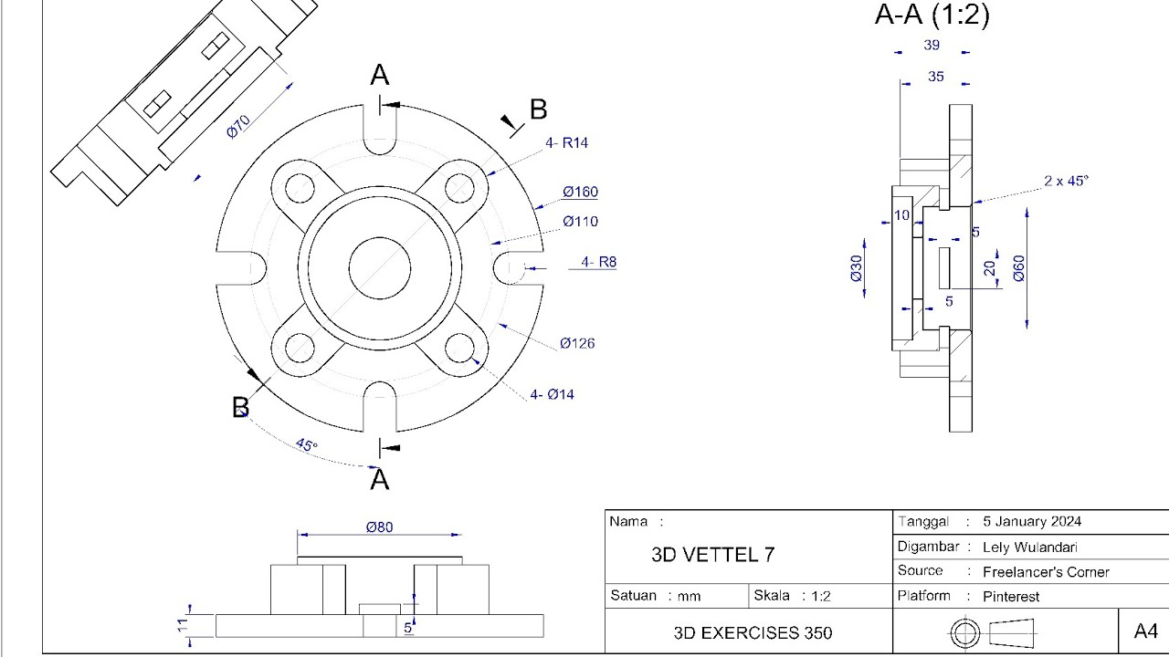 3D AUTOCAD DETAIL MECHANICAL PART DRAWING AT ETIKET LAYOUT A4 LANDSCAPE ...