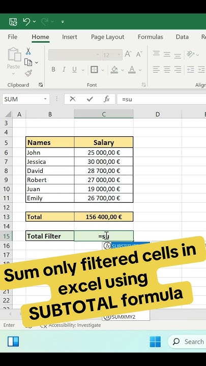 How to sum filtered cells using subtotal formula #excel #spreadsheetmagic #exceltricks # ...