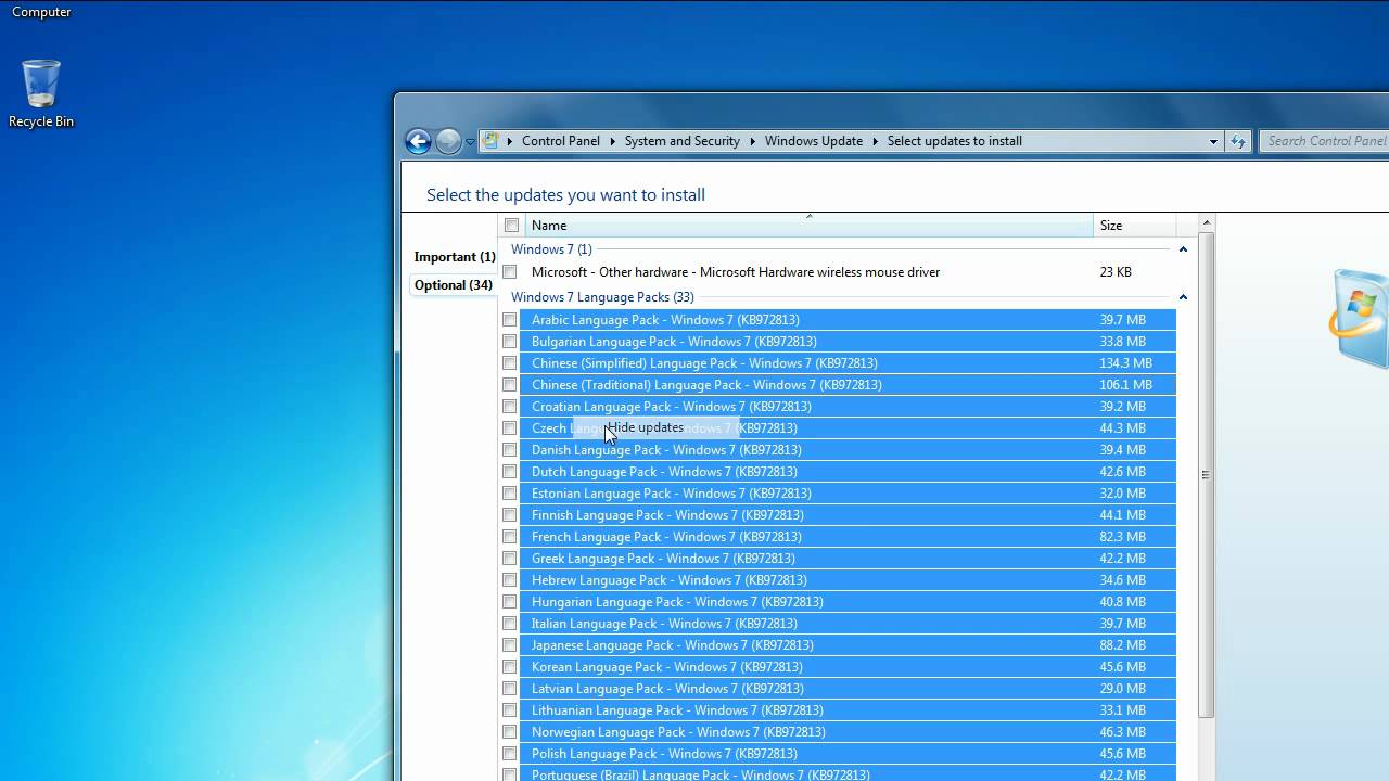 Hide Updates in Windows 7 - YouTube