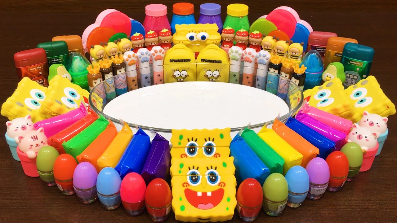 SPONGEBOB SLIME!! Mixing Random Things into GLOSSY Slime !! Satisfying ...