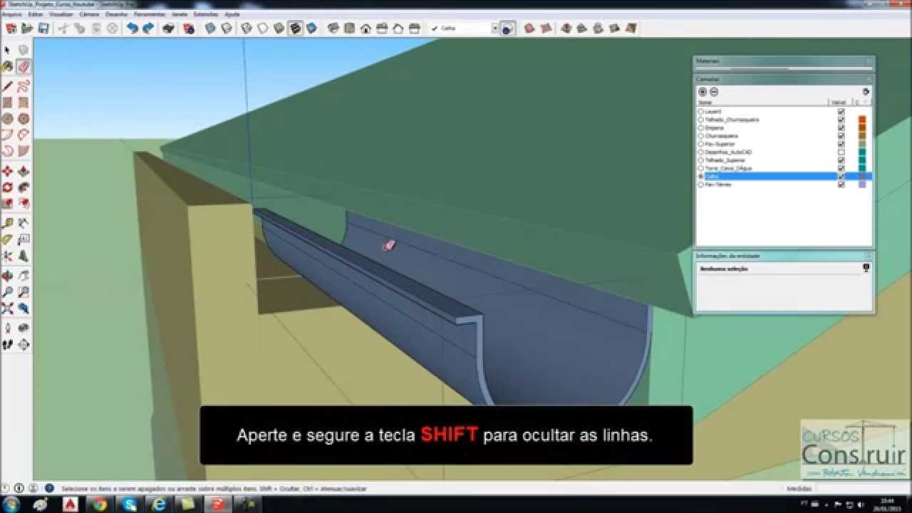 SketchUp 2015 Aula 22: Modelagem de calhas em telhados com platibanda (Curso Básico Gratuito ...