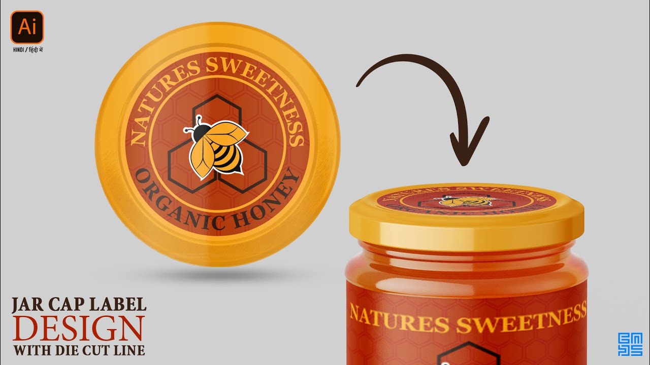 Honey Jar Cap Label Design With Die Cut Line Illustrator in HINDI ...