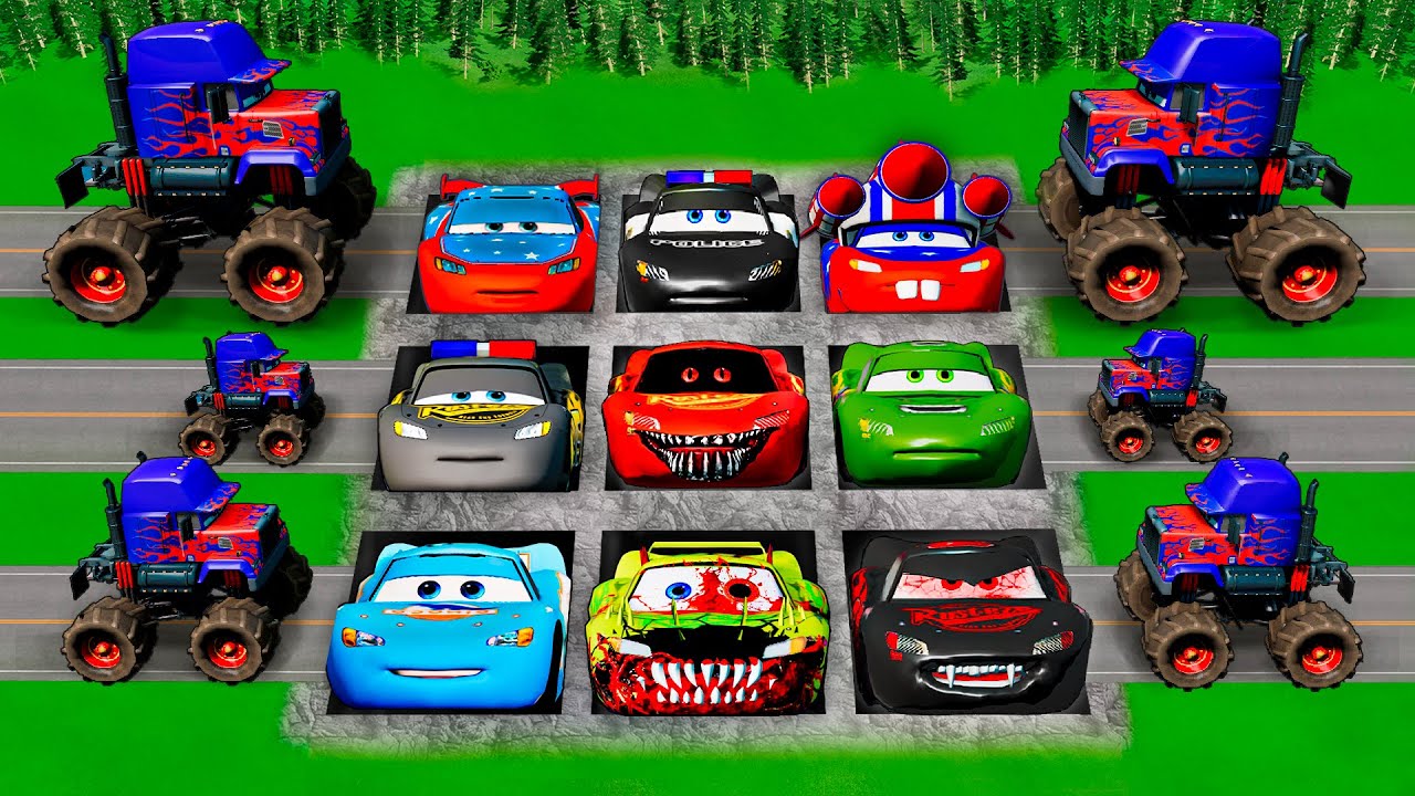 Mega pits with Mcqueen Zombie and Monster Cars Vs Big & Small Lightning ...