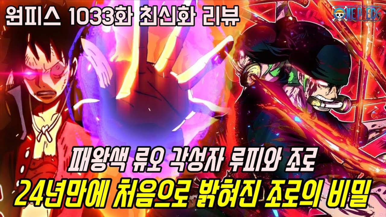 원피스 1033화 최신화 풀버전 리뷰 24년만에 처음으로 밝혀진 조로의 비밀과 전설급 해적이 된 패왕색 류오 각성자 루피와