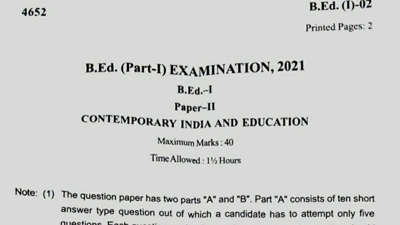 B.Ed 1st Year Contemporary India And Education Exam Paper 2021 | B.Ed ...