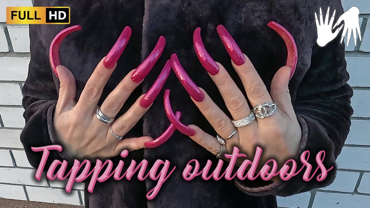 ASMR tapping outdoors long red glitter nails - YouTube