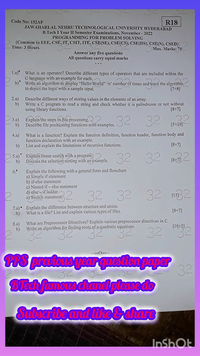 1-2 PPS previous year question paper, JNTUH,R18, CSE #btech #exam #pps ...