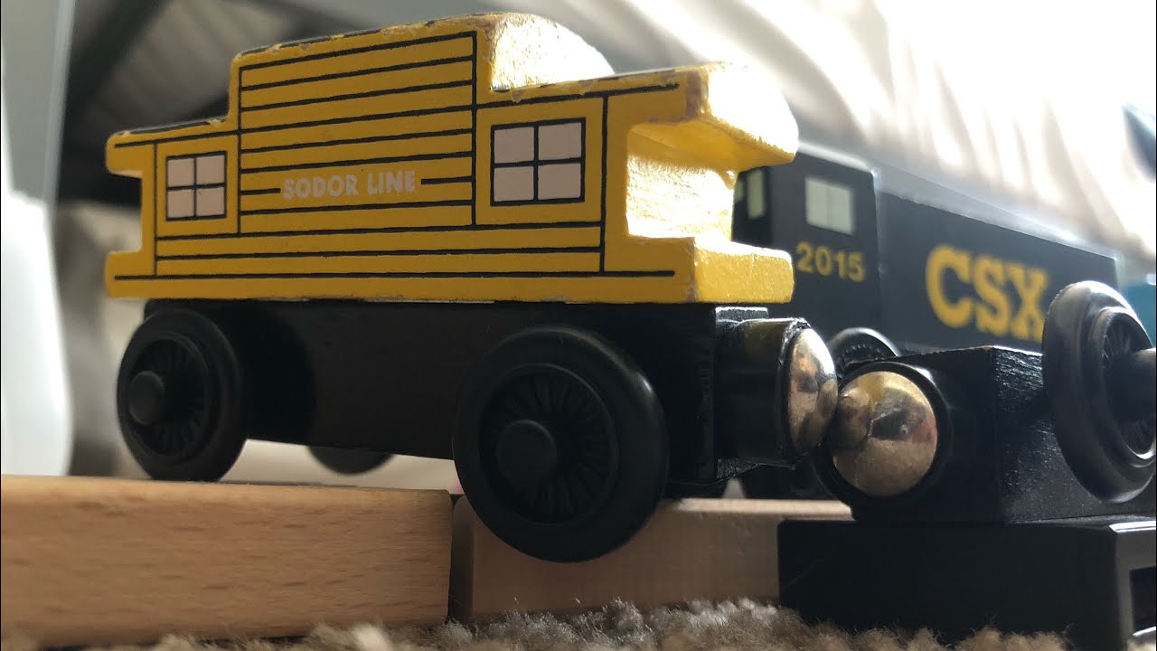 Wooden runaway train crashes through coboose! - YouTube