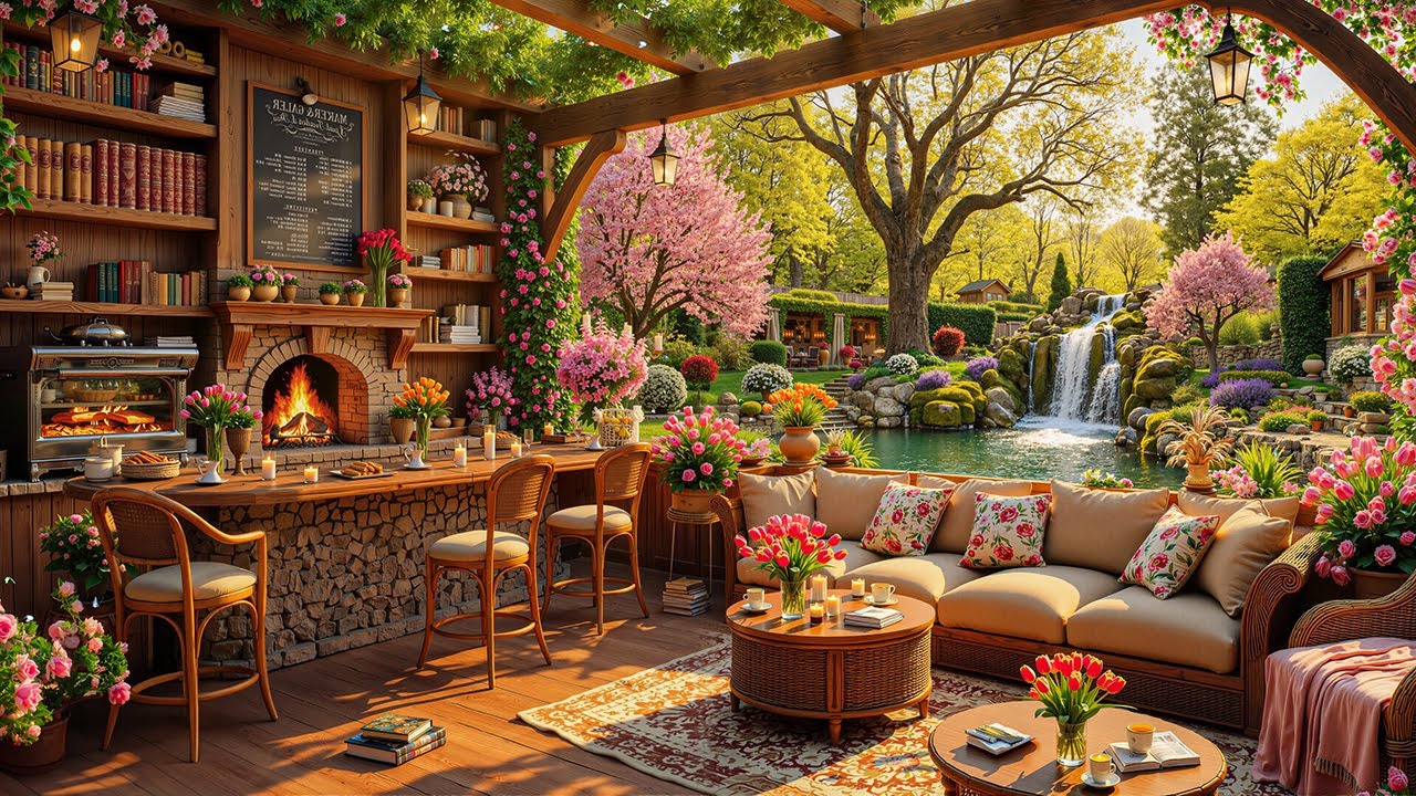 Happy March Jazz by Waterfall 🌸 Relaxing Spring Coffee Shop Ambience ...