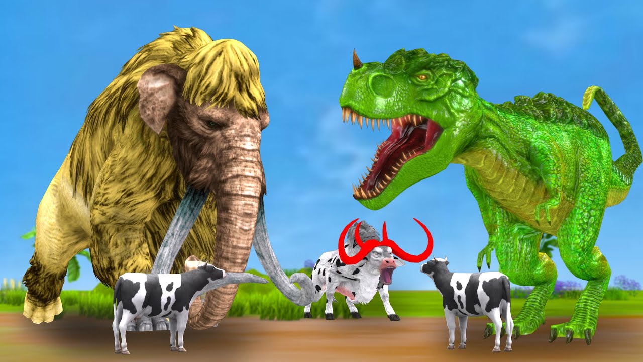 Giant Dinosaur Fight Woolly Mammoth Save Cartoon Cows 2 Big Bulls vs T ...